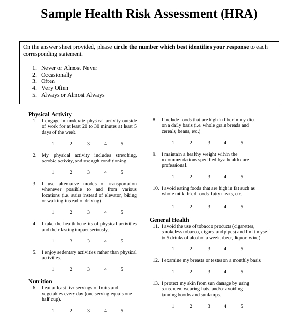 FREE 14+ Sample Health Risk Assessment Forms in PDF | Excel | Word