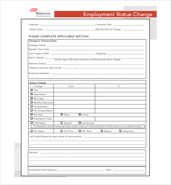 FREE 12+ Employee Status Change Form Samples, PDF, MS Word, Google Docs ...