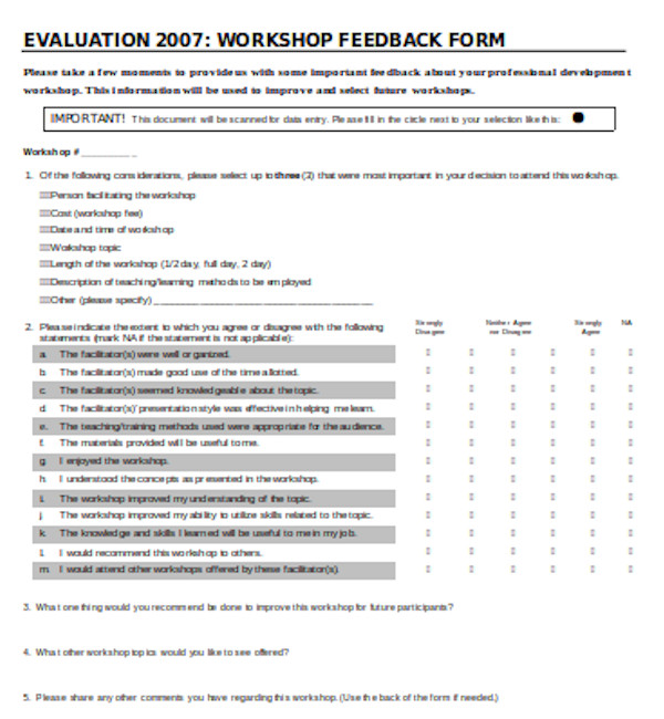 FREE 12 Sample Workshop Feedback Forms In PDF Word Excel
