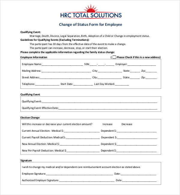 FREE 9 Sample Employee Status Change Forms In PDF MS Word Excel