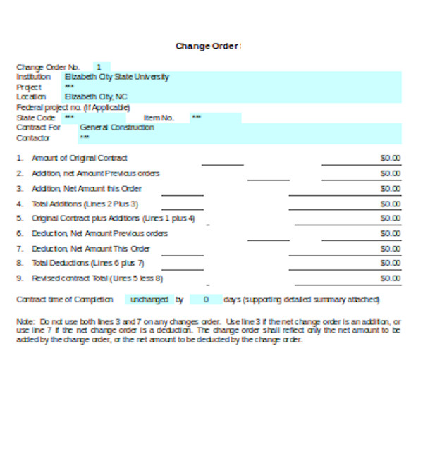 FREE 12 Sample Construction Change Order Forms In PDF XLS Word