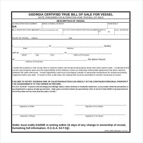 Printable Bill Of Sale Georgia Car