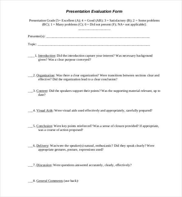 FREE 17+ Presentation Evaluation Form Samples, PDF, MS Word, Google Docs
