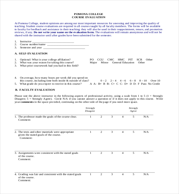 FREE 28+ Course Evaluation Form Samples, PDF, MS Word, Google Docs, Excel
