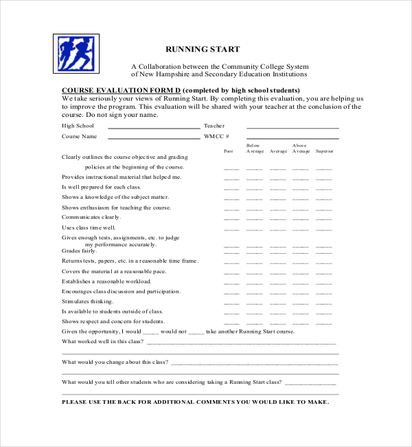 FREE 28+ Course Evaluation Form Samples, PDF, MS Word, Google Docs, Excel