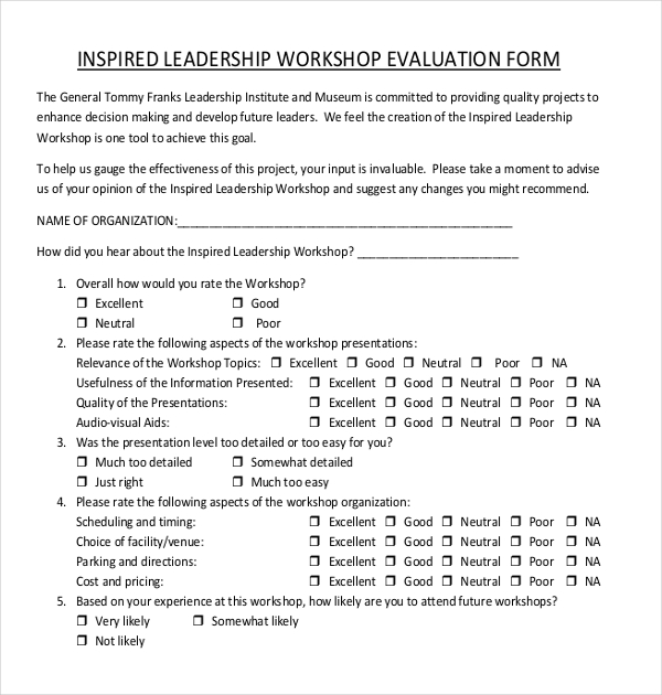 FREE 17+ Sample Workshop Evaluation Forms in PDF | MS Word | Excel