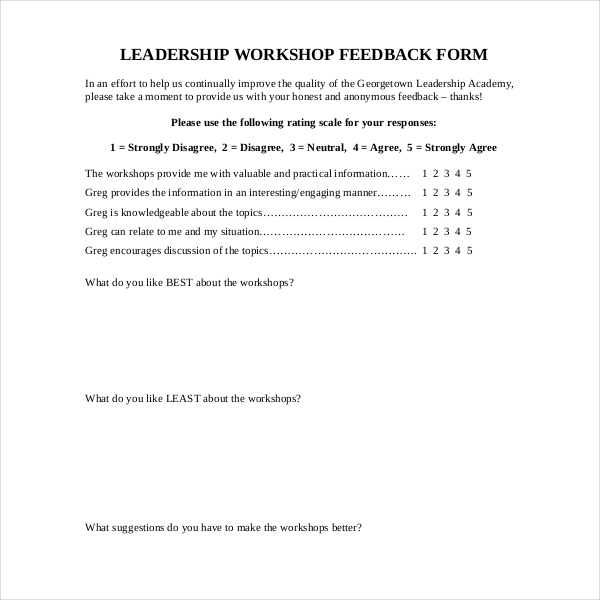 FREE 15+ Workshop Feedback Form Samples, PDF, MS Word, Google Docs, Excel