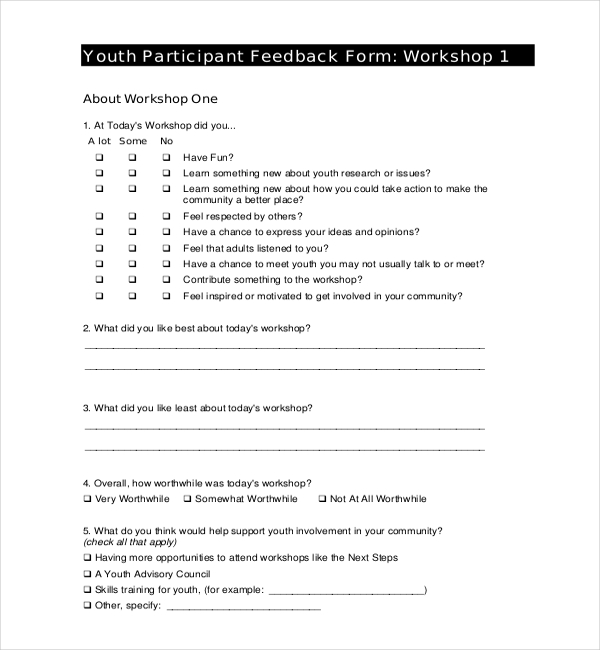 FREE 15+ Workshop Feedback Form Samples, PDF, MS Word, Google Docs, Excel