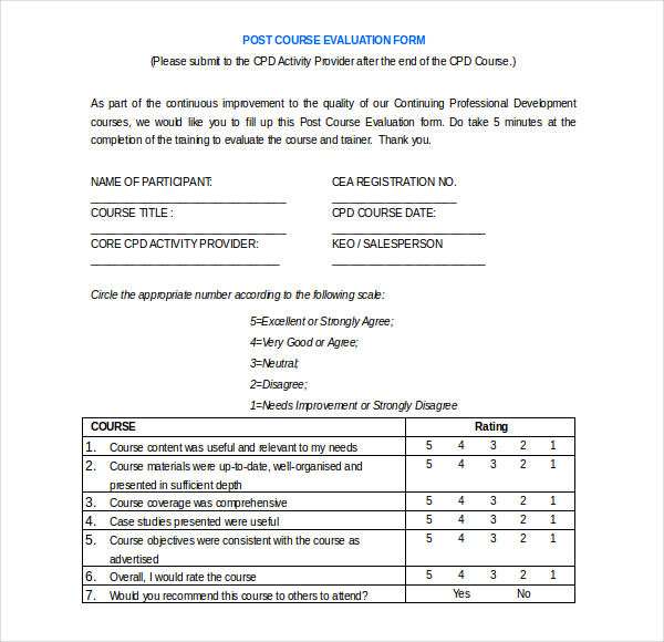 FREE 28+ Course Evaluation Form Samples, PDF, MS Word, Google Docs, Excel