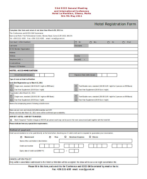 FREE 14+ Hotel Registration Form Samples, PDF, MS Word, Google Docs, Excel