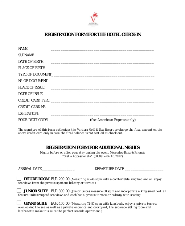 FREE 14+ Hotel Registration Form Samples, PDF, MS Word, Google Docs, Excel