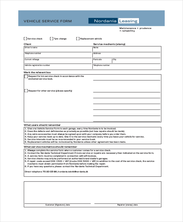 FREE 11+ Vehicle Service Form Samples, PDF, MS Word, Google Docs