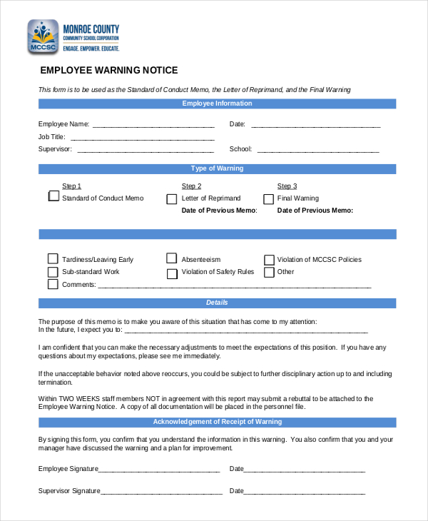 FREE 11+ Employee Warning Notice Form Samples, PDF, MS Word, Google ...