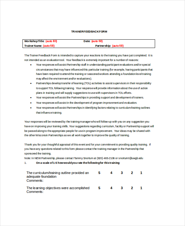 FREE 17 Sample Training Feedback Forms In PDF MS Word Excel