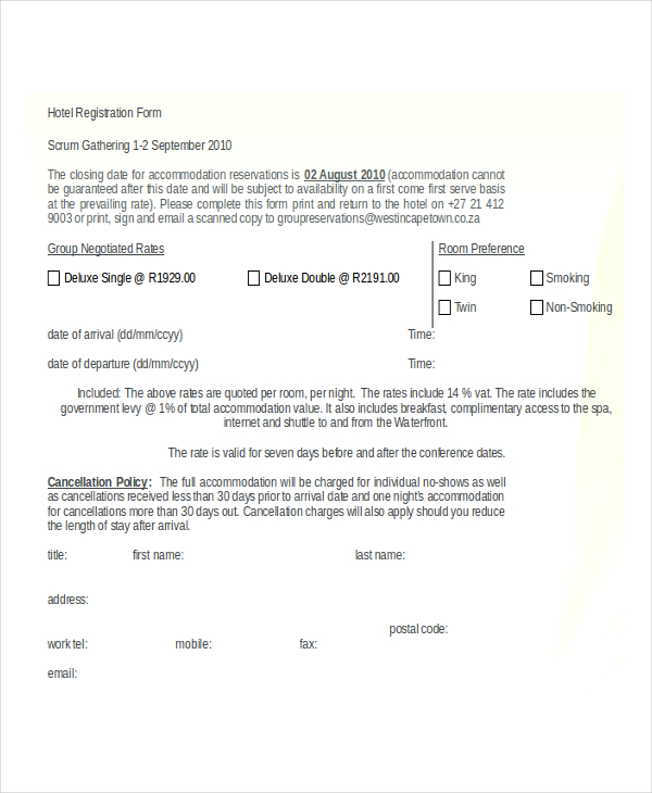 FREE 14+ Hotel Registration Form Samples, PDF, MS Word, Google Docs, Excel