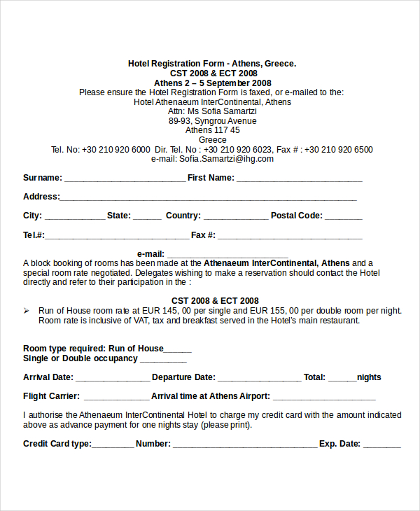 FREE 14+ Hotel Registration Form Samples, PDF, MS Word, Google Docs, Excel