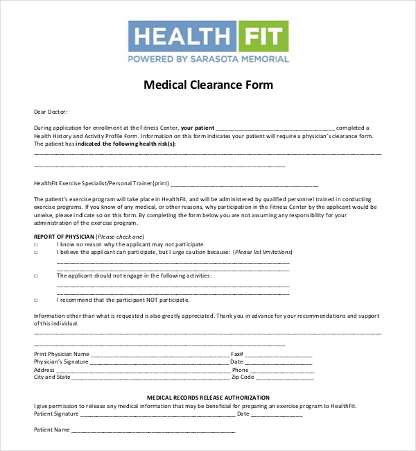 FREE 29+ Sample Medical Clearance Forms in PDF | Word | Excel