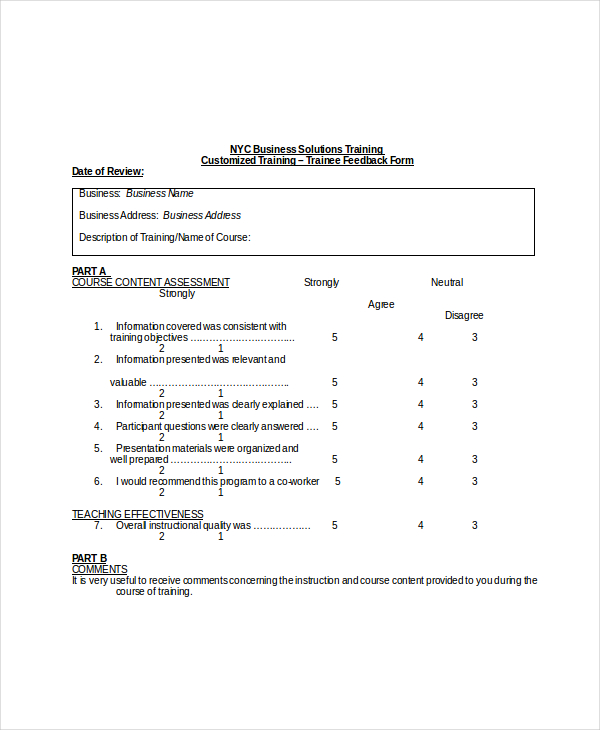  Sample Of Feedback Form After Training Classles Democracy