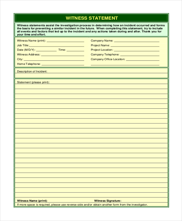 FREE 12+ Sample Witness Statement Forms in PDF | MS Word | Excel