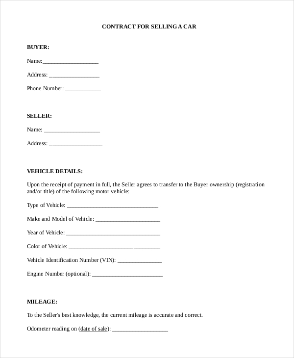 Car Sale Contract By Owner Sample Car Sale And Rentals