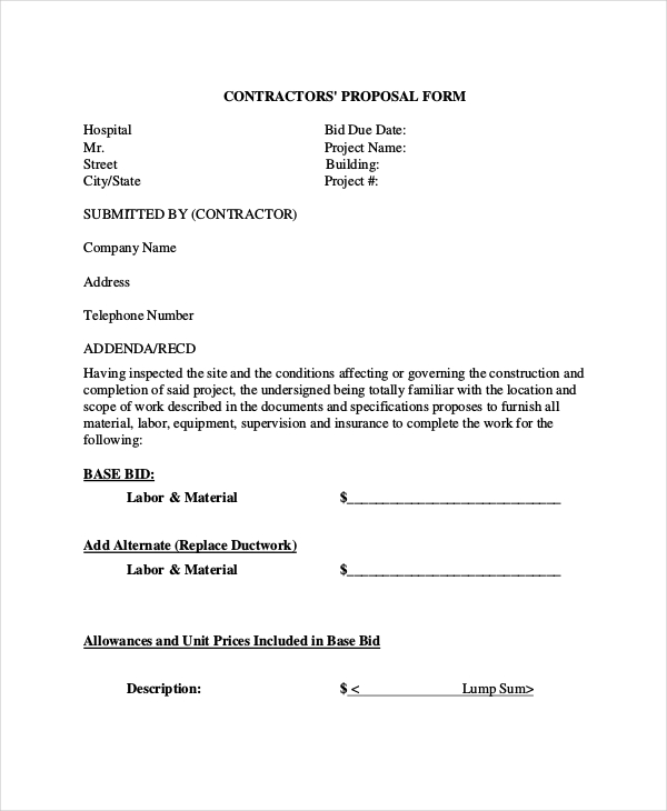 FREE 12+ Contractor Proposal Form Samples, PDF, MS Word, Google Docs, Excel