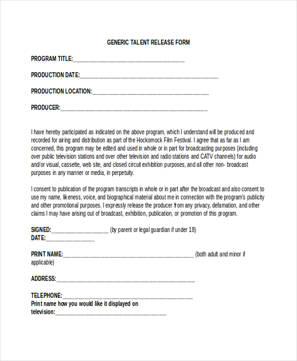 FREE 13+ Talent Release Form Samples, PDF, MS Word, Google Docs