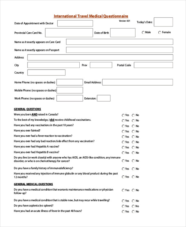 FREE 11+ Sample Medical Questionnaire Forms in PDF | MS Word | Excel