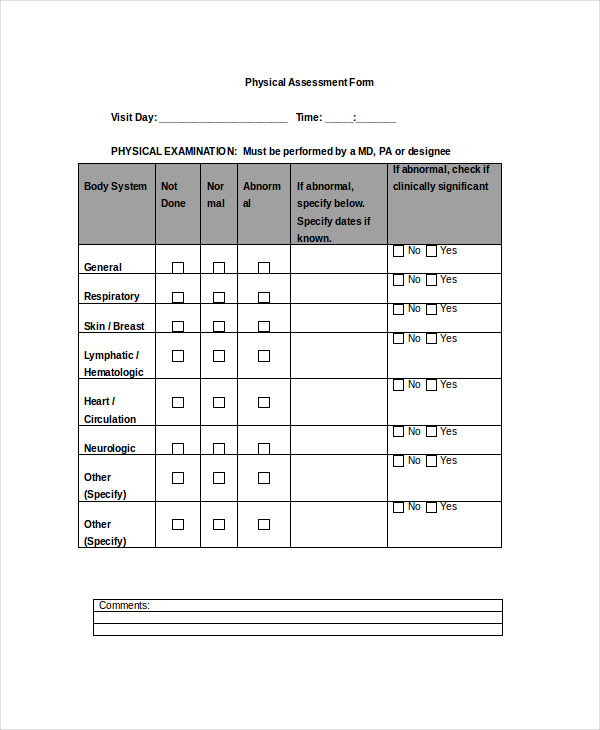 FREE 13+ Physical Assessment Form Samples, PDF, MS Word, Google Docs, Excel