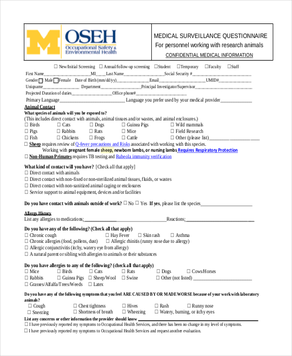 FREE 11+ Sample Medical Questionnaire Forms in PDF | MS Word | Excel