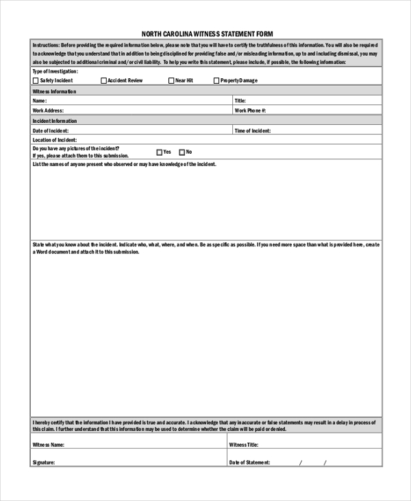FREE 12+ Sample Witness Statement Forms in PDF | MS Word | Excel