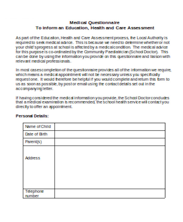 FREE 11+ Sample Medical Questionnaire Forms in PDF | MS Word | Excel