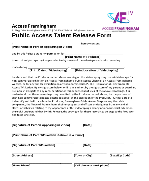 FREE 13+ Talent Release Form Samples, PDF, MS Word, Google Docs