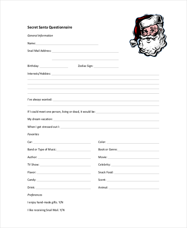 FREE 10+ Sample Secret Santa Questionnaire Forms in PDF | MS Word