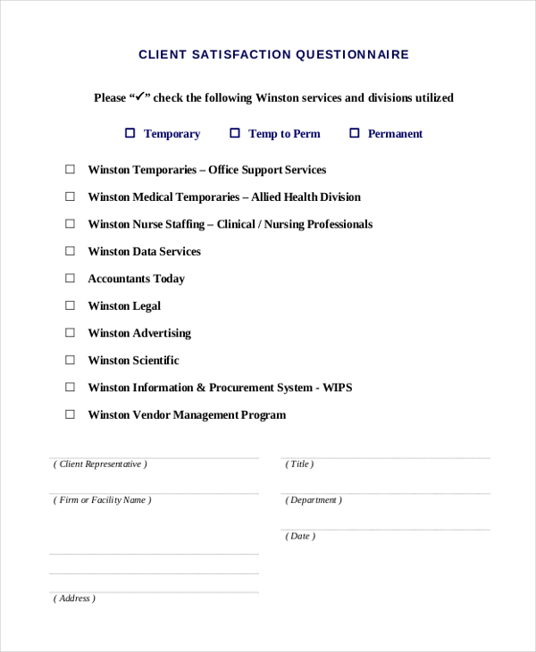 FREE 8+ Sample Client Satisfaction Questionnaire Forms in PDF | MS Word