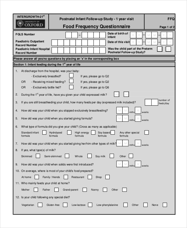 Free 7 Sample Food Frequency Questionnaire Forms In Pdf Ms Word