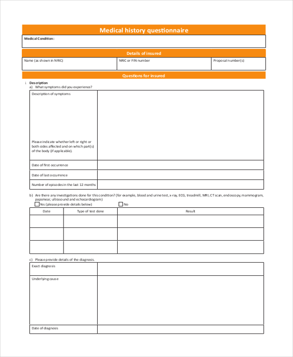 FREE 11+ Sample Medical Questionnaire Forms in PDF | MS Word | Excel
