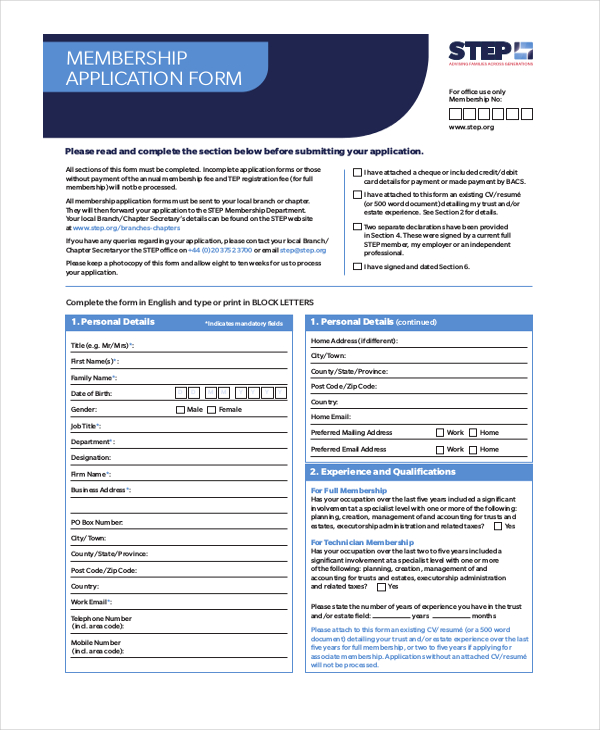 FREE 17+ Membership Application Form Samples, PDF, MS Word, Google Docs ...