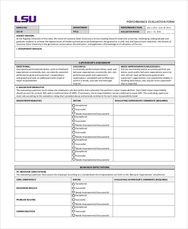 FREE 12+ Sample Job Performance Evaluation Forms in PDF | MS Word | Excel