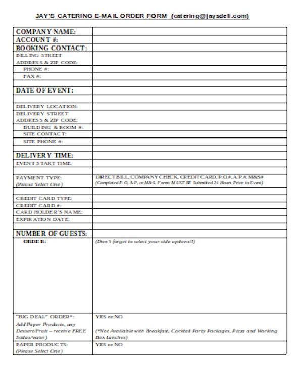 FREE 15+ Catering Order Form Samples, PDF, MS Word, Google Docs, Excel