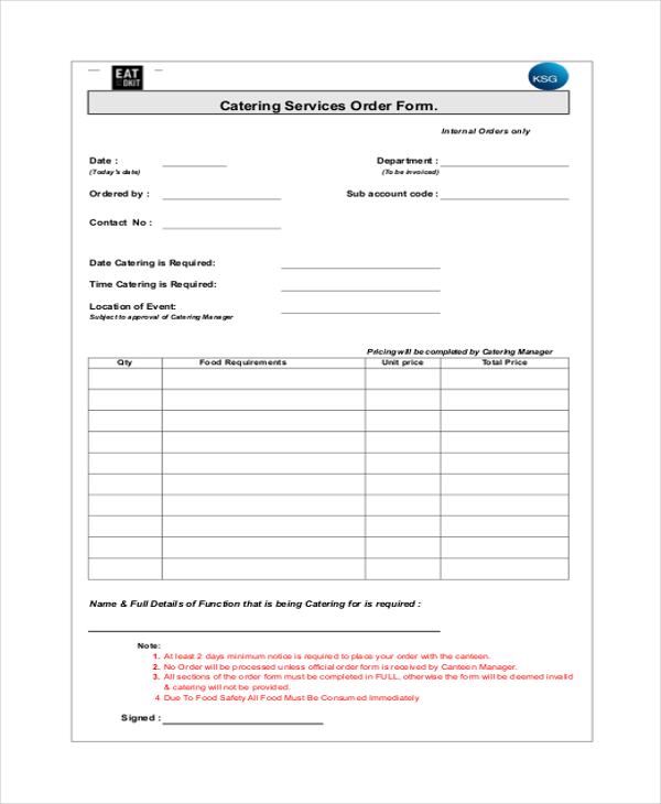 FREE 15+ Catering Order Form Samples, PDF, MS Word, Google Docs, Excel