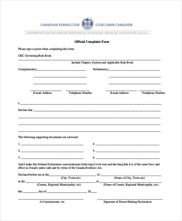 FREE 9+ Sample Official Complaint Forms in PDF | Word