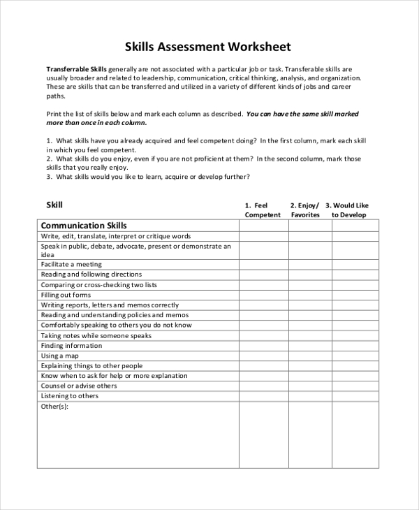 FREE 11+ Sample Skills Assessment Forms in PDF | MS Word | Excel