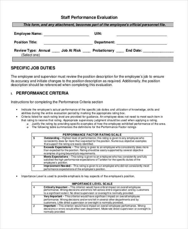 FREE 12+ Sample Job Performance Evaluation Forms in PDF | MS Word | Excel