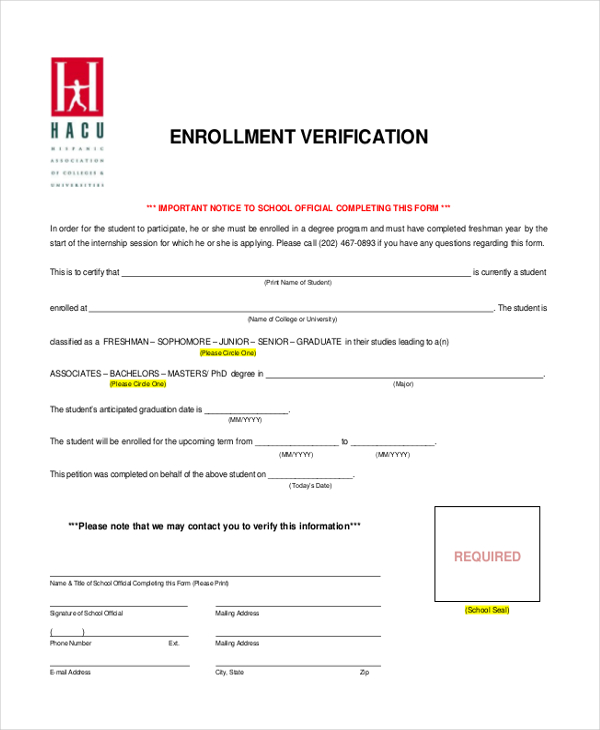Enrollment Verification Letter