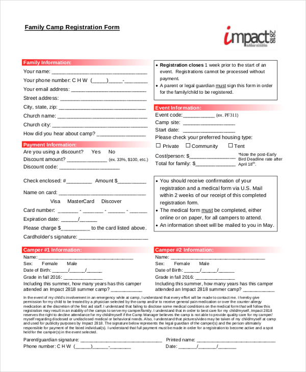 FREE 13+ Sample Camp Registration Forms in PDF | Excel | Word