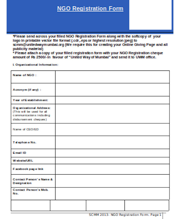 FREE 13+ NGO Registration Form Samples, PDF, MS Word, Google Docs, Excel