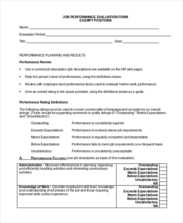 FREE 12+ Sample Job Performance Evaluation Forms in PDF | MS Word | Excel