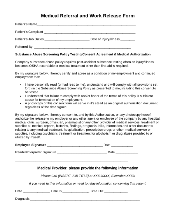 FREE 13+ Work Release Form Samples, PDF, MS Word, Google Docs