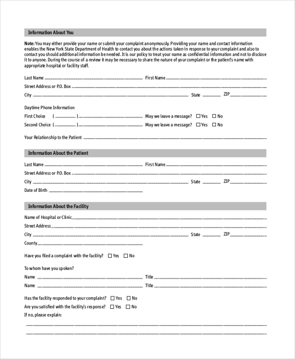 FREE 11+ Sample Patient Complaint Forms in PDF | Word