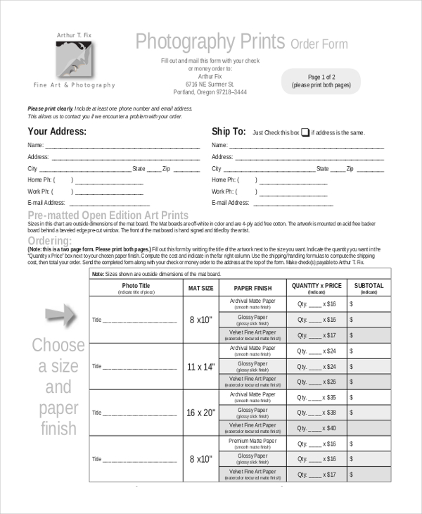 FREE 12+ Sample Photography Order Forms in PDF | Word | Excel